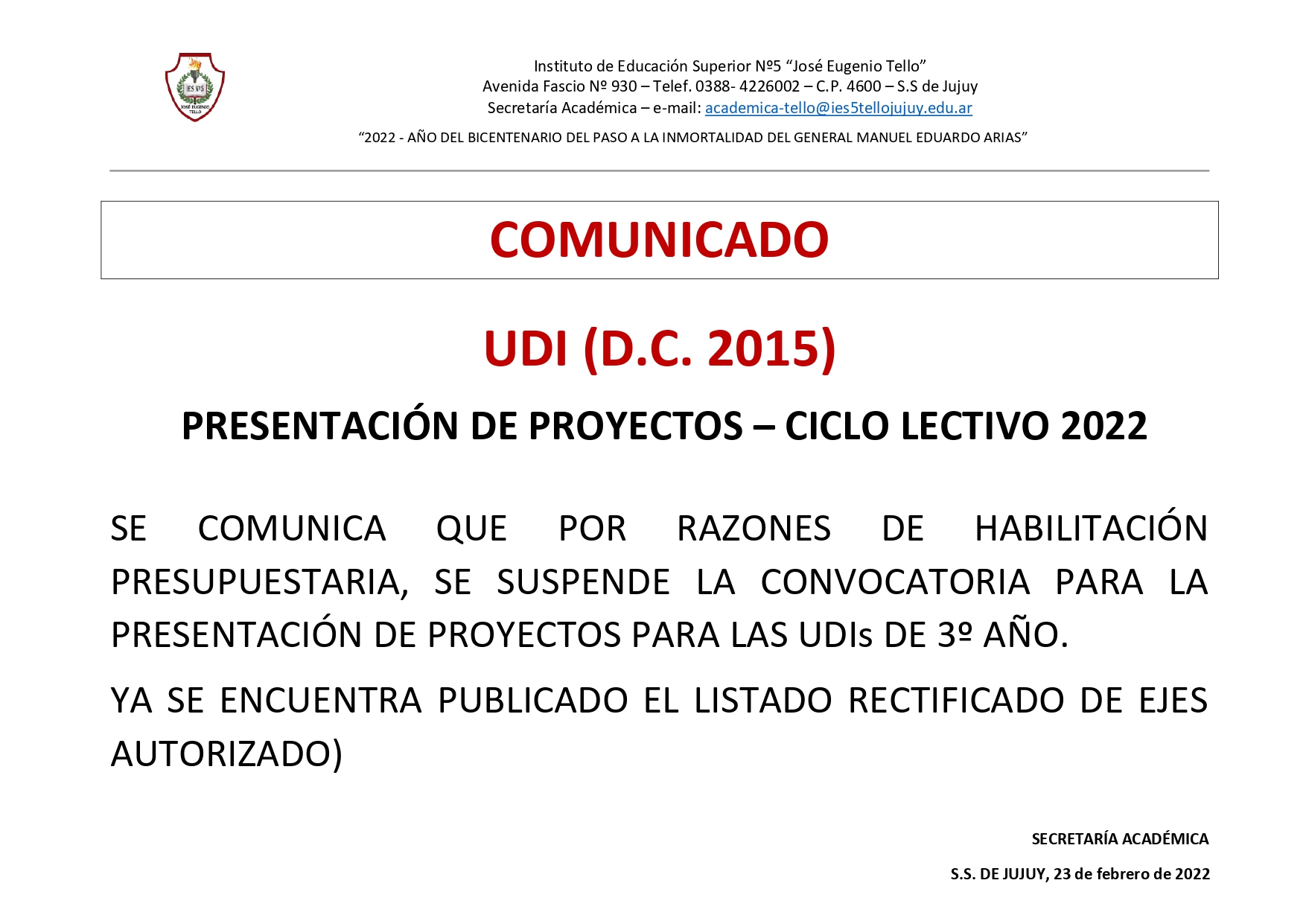 UDI 2022 – Instituto de Educación Superior N° 5 "José Eugenio Tello"