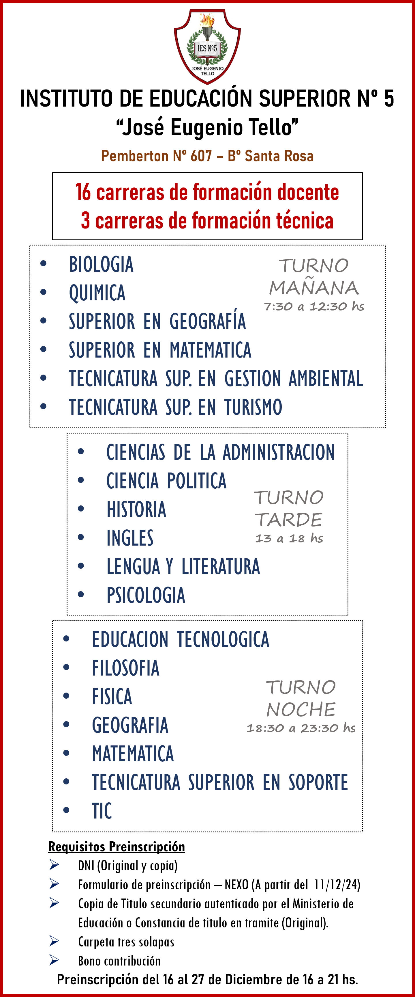 INGRESO 2025 – Instituto de Educación Superior N° 5 "José Eugenio Tello"